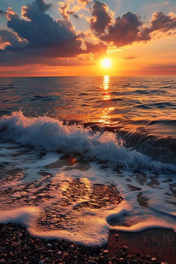 Huge Wave Breaking on a Beach at Sunset. Stock Photo - Image of ...