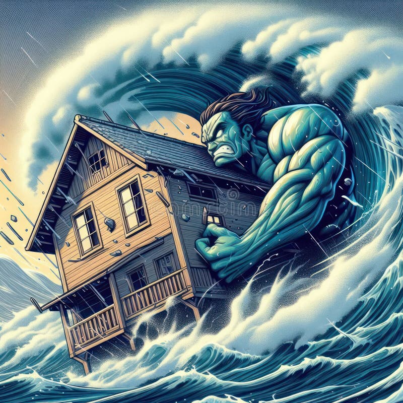 A Huge Wave that Destroys the House. Abstraction. Stock Illustration ...
