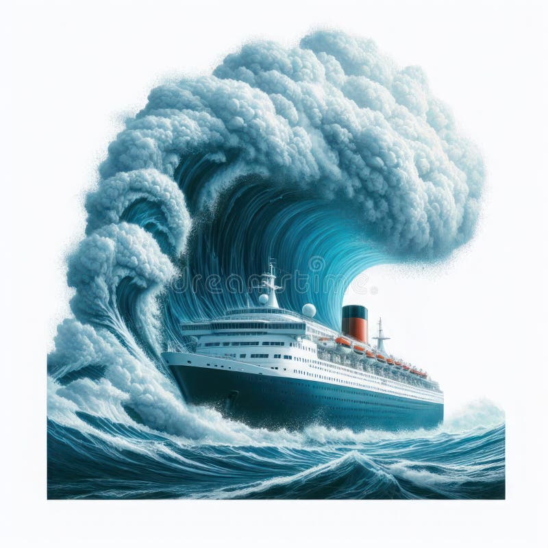 A Huge Wave Hits a Cruise Ship. Stock Illustration - Illustration of ...
