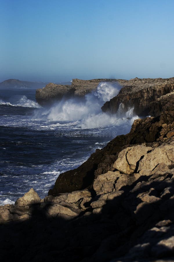 Huge Waves Hitting the Cliff and Exploding Stock Photo - Image of ...