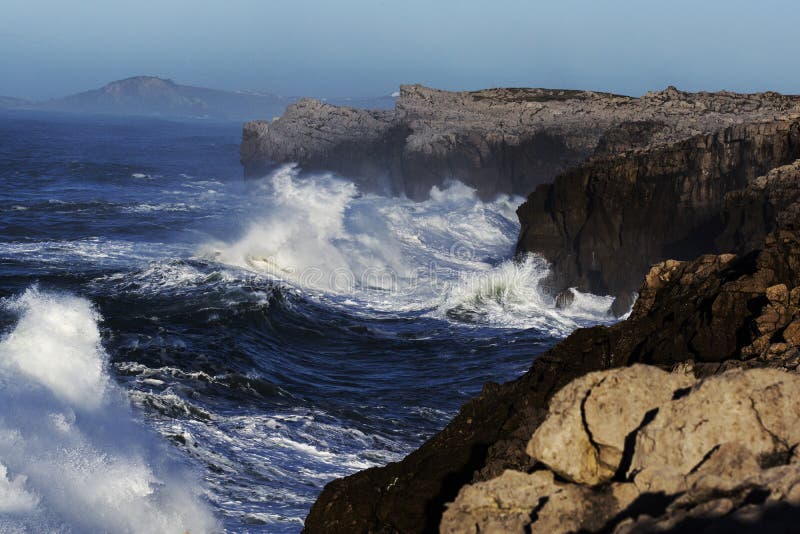 Huge Waves Hitting the Cliff and Exploding Stock Image - Image of ...