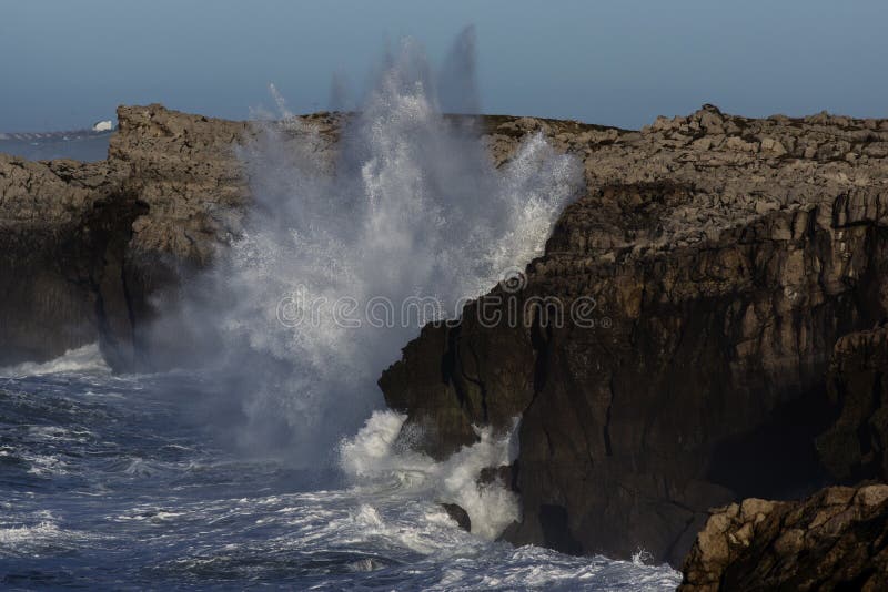 Huge Waves Hitting the Cliff and Exploding Stock Photo - Image of ...