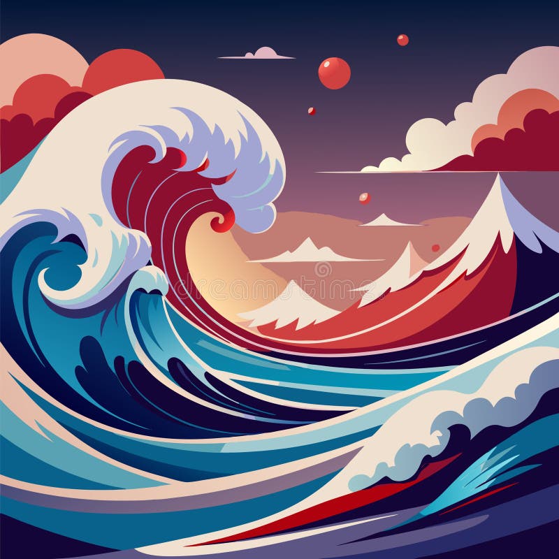 Huge Waves Rolling in the Dark Ocean Under Glowing Moon Stock Vector ...