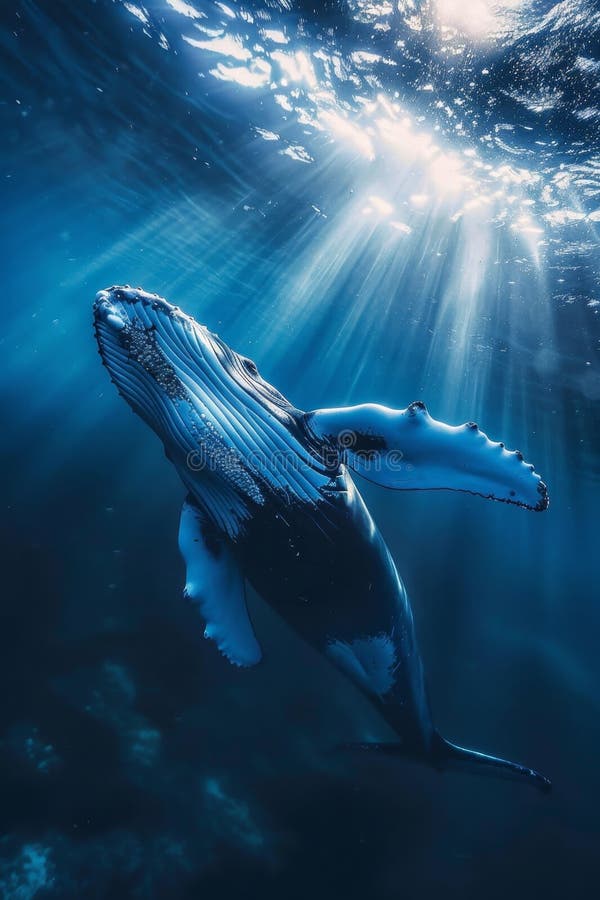 A Huge Whale Swims Underwater in the Light. Beautiful Whale Floating ...