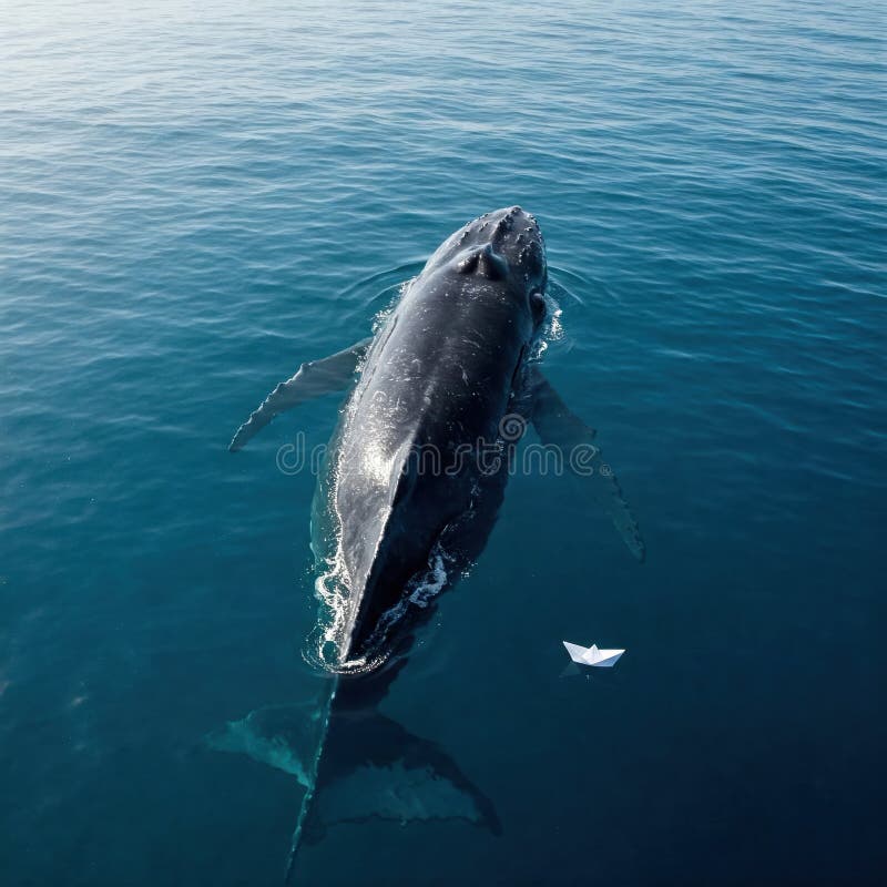 A Huge Whale and a Tiny Paper Ship in the Ocean. Stock Photo - Image of poetic, size: 381848324