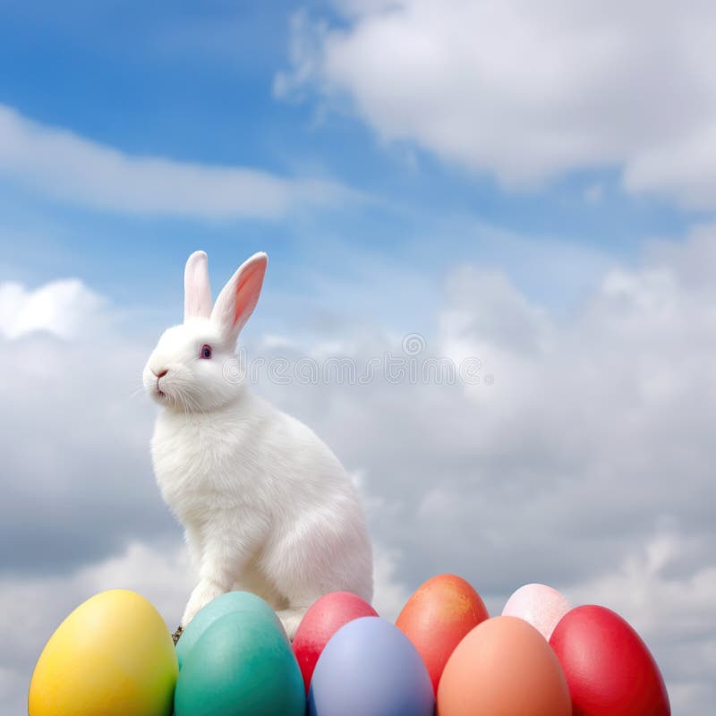 Huge White Easter Bunny and Colored Eggs Outdoors Made with Generative ...