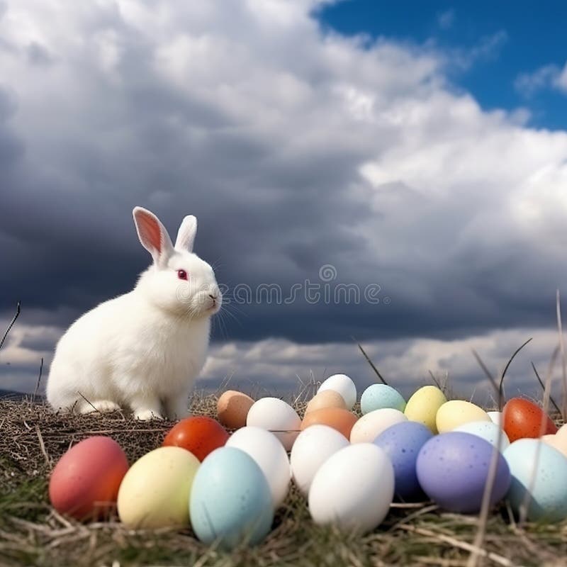 Huge White Easter Bunny and Colored Eggs Outdoors Made with Generative ...