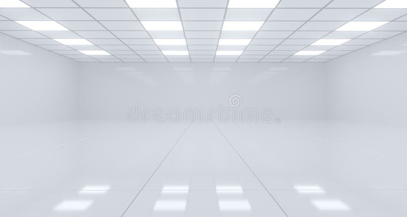 Huge White Empty Room with Square Lights on Ceiling and Reflective ...