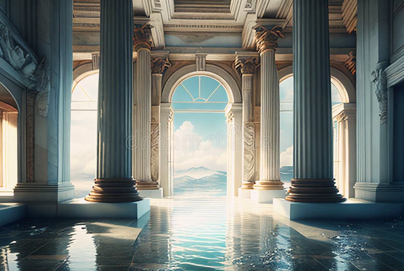 Huge White Pillared Hall Flooded with Water Stock Illustration ...