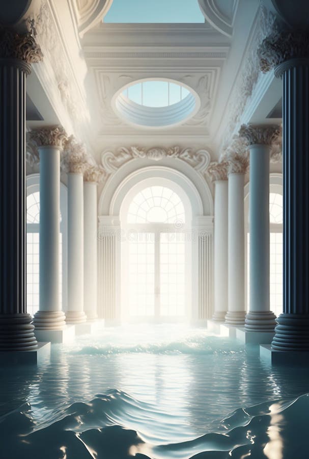 Huge White Pillared Hall Flooded with Water Stock Illustration ...