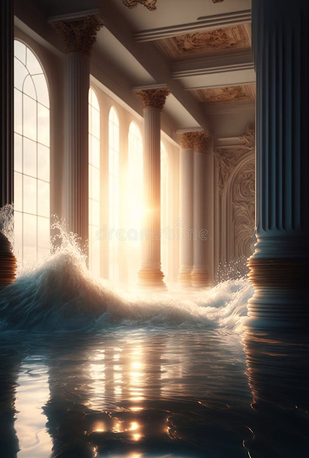 Huge White Pillared Hall Flooded with Water Stock Illustration ...