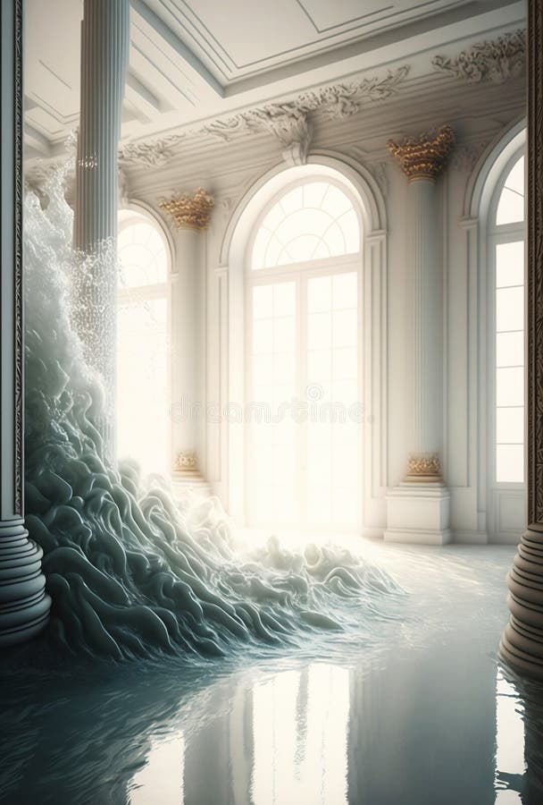 Huge White Pillared Hall Flooded with Water Stock Illustration ...