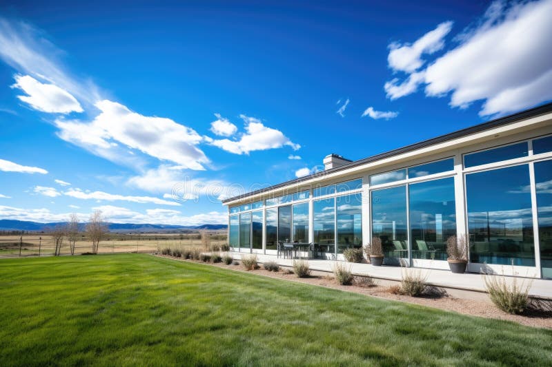 Huge Windows Reflecting Blue Sky on a Modern Ranch Stock Image - Image ...
