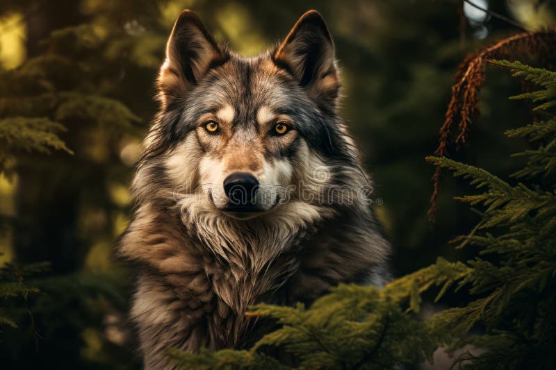 A Huge Wolf Looks Hidden Behind a Tree Branch Stock Photo - Image of ...