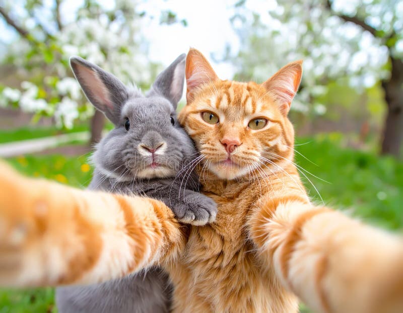 Hugging Bunny and Cat Taking a Playful Selfie Stock Illustration ...