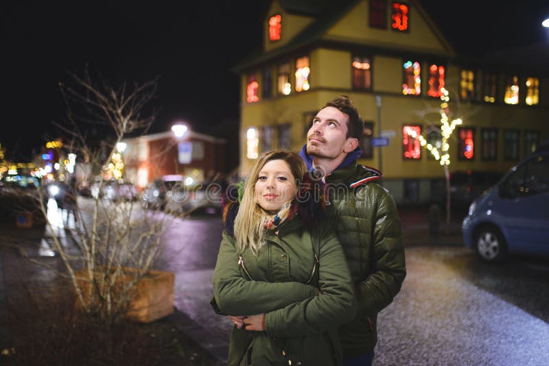 Hugging Couple in Night Street Stock Photo - Image of people, love ...
