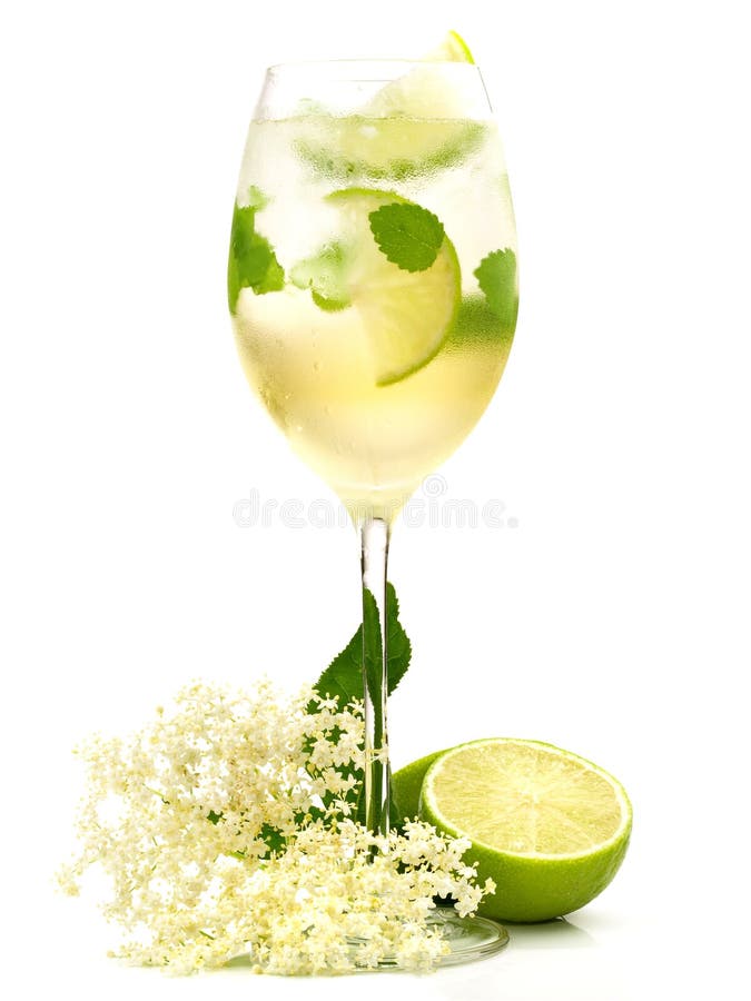 Hugo Cocktail with Elderberry Blossom and Lime on White Background ...