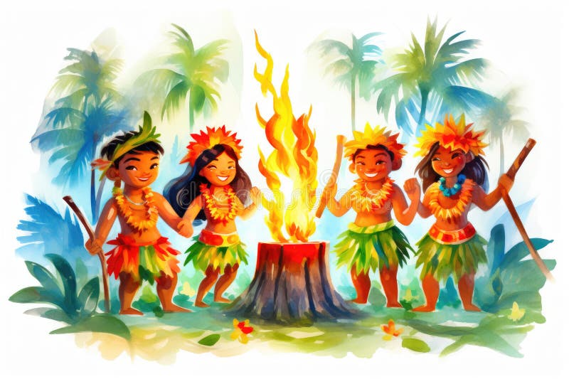 Hula Dancers and Tiki Torches in Paradise. Stock Illustration ...