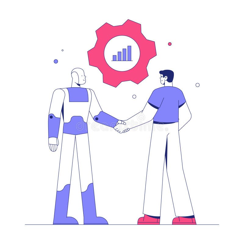 Human AI Collaboration with Robot and Man Shaking Hands in Flat Vector ...