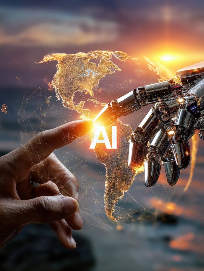 Human and AI Connection Across the Digital World Stock Illustration ...