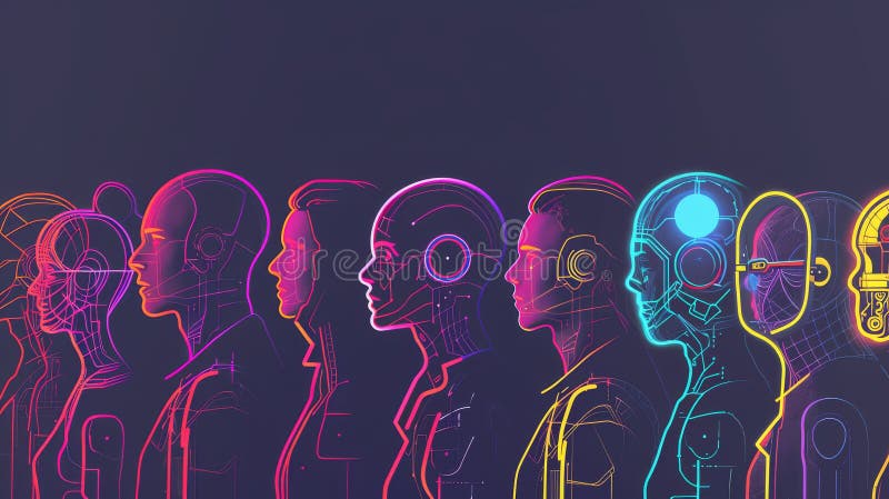 Human and AI Evolution in Neon Digital Outline Style Stock Image ...