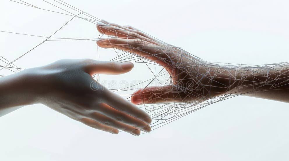 Human and AI Hands Interwoven with Threads, Representing Interconnected ...
