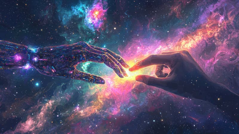Human and AI Hands Reaching Out in a Colorful Galaxy Stock Illustration - Illustration of ...