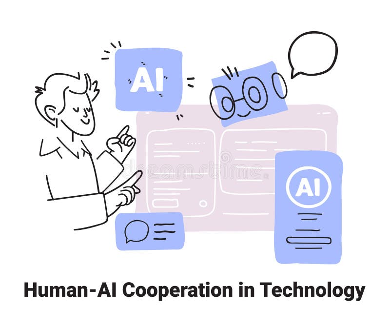 Human-AI Interaction Technology Cooperation Concept Sketch Style. a ...