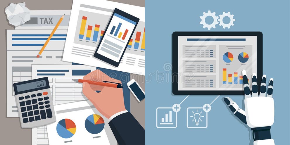 Human and AI Robot Analyzing Financial Reports Stock Vector ...