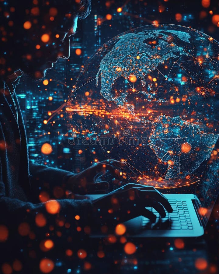 Human Analyzing and Interacting with a Digital Globe Showing Interconnected Network of World Map ...