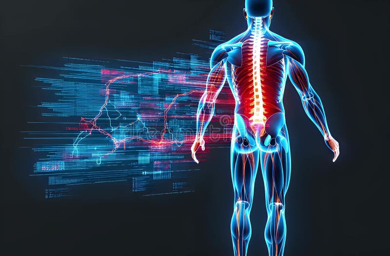 Human Anatomy Back Muscles, Spinal Cord, Digital Data Visualization ...