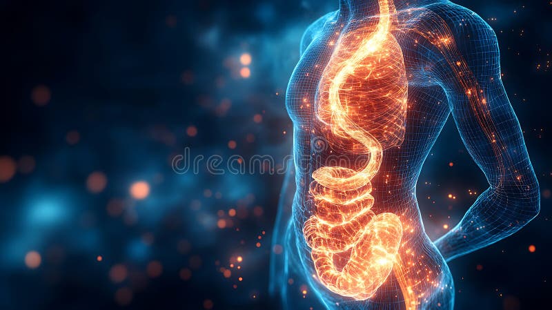 Human Anatomy Visualization Wireframe with Digestive System Highlighted ...