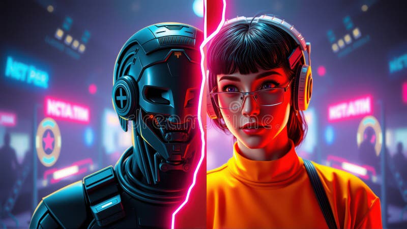 Human and Android Split Portrait. Stock Photo - Image of digital ...
