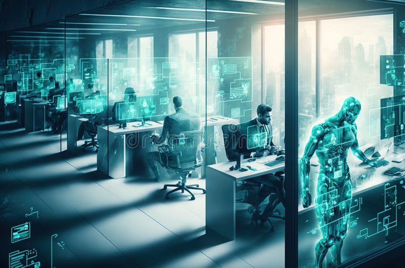 Human Beings and Robots Working in a Futuristic Office.Generative AI ... Human Beings and Robots Working in a Futuristic Office.Generative AI ...