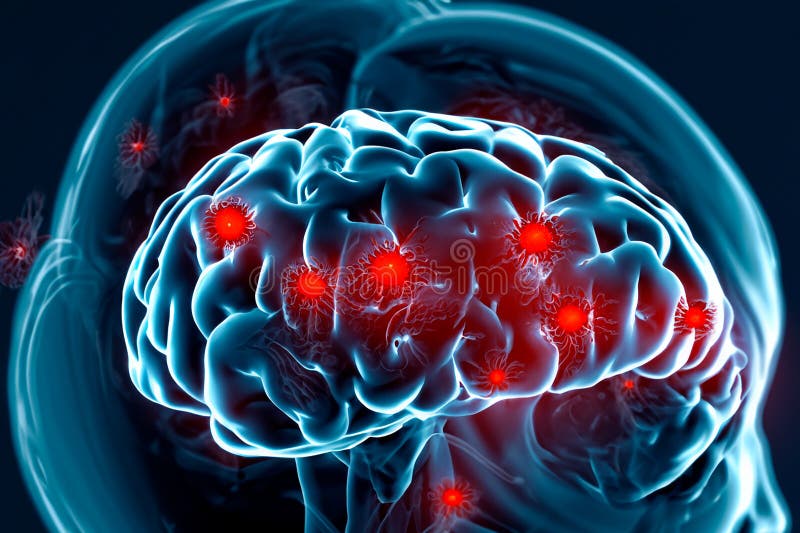 Human Blue Brain with Red Coronavirus Inside Stock Illustration ...