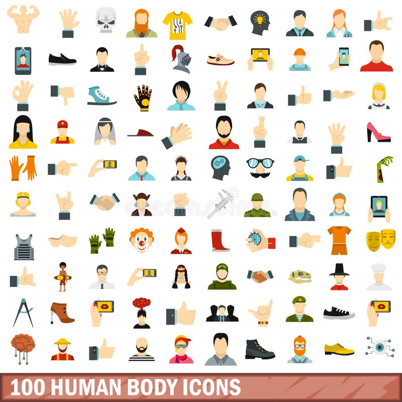 100 Human Body Icons Set, Flat Style Stock Vector - Illustration of ...
