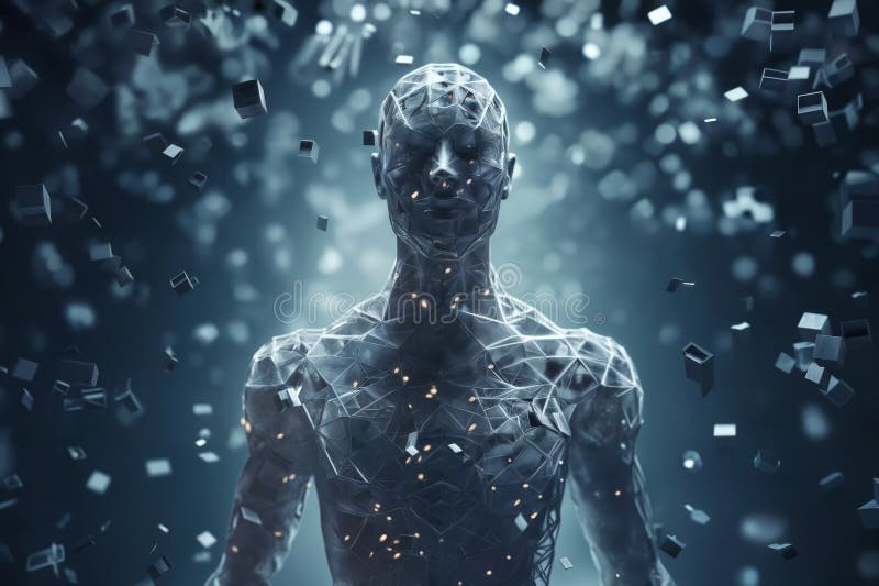 A Human Body Made of Disintegrating Squares and Cubes, Standing in ...