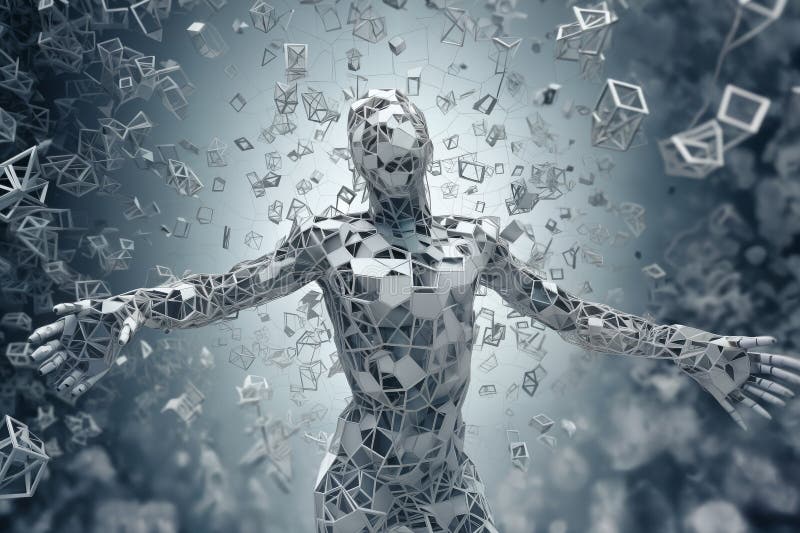A Human Body Made of Squares and Cubes, Standing in Front of a Digital ...