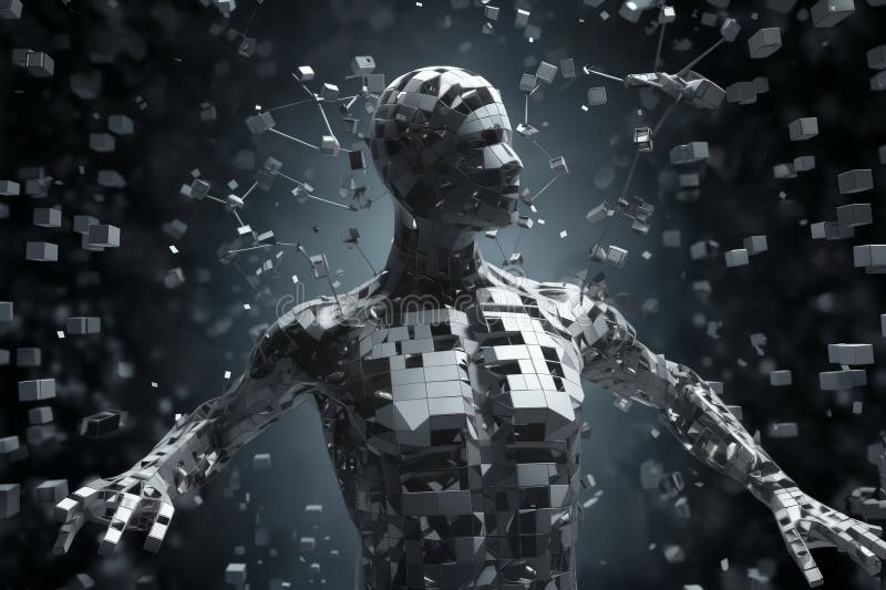 A Human Body Made of Squares and Cubes, Standing in Front of a Digital ...