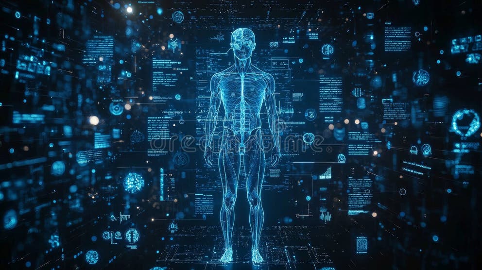 Human Body Surrounded by Data Visualizations and Scientific Graphics in a Futuristic Setting ...