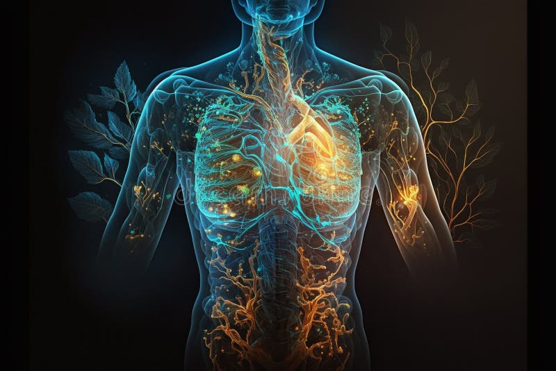 Human Body with Transparency, Featuring Bioluminescent Lines that ...