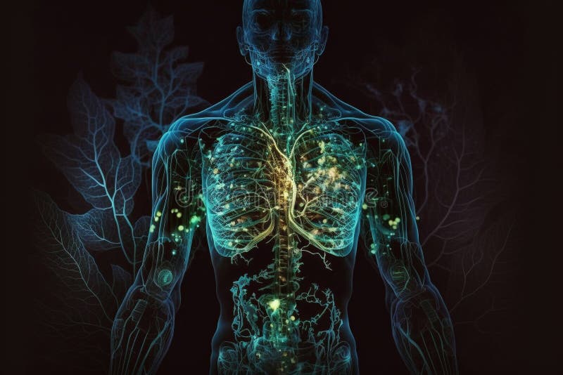 Human Body with Transparency, Featuring Bioluminescent Lines that ...