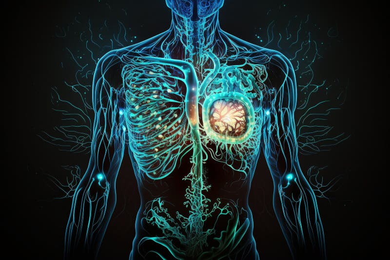 Human Body with Transparency, Featuring Bioluminescent Lines that ...