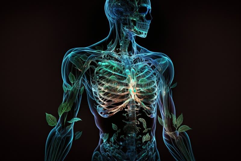 Human Body with Transparency, Featuring Bioluminescent Lines that ...