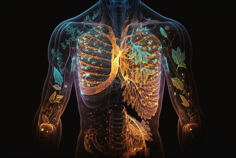 Human Body with Transparency, Featuring Bioluminescent Lines that ...