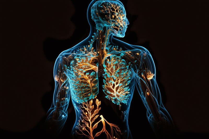 Human Body with Transparency, Featuring Bioluminescent Lines that ...