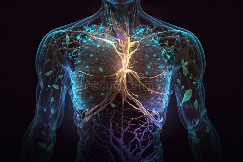 Human Body with Transparency, Featuring Bioluminescent Lines that ...
