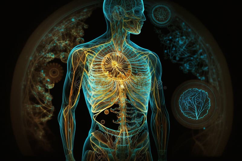 Human Body with Transparency, Featuring Bioluminescent Lines that ...
