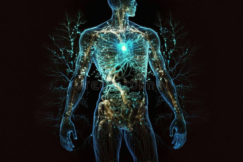 Human Body with Transparency, Featuring Bioluminescent Lines that ...