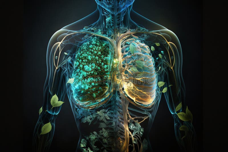 Human Body with Transparency, Featuring Bioluminescent Lines that ...